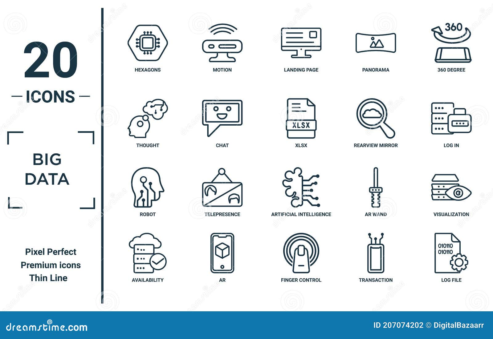 Big.data Linear Icon Set. Includes Thin Line Hexagons, Thought, Robot ...