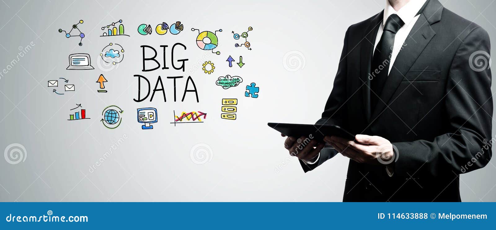 Big Data with Man Holding Tablet Computer Stock Photo - Image of gray ...