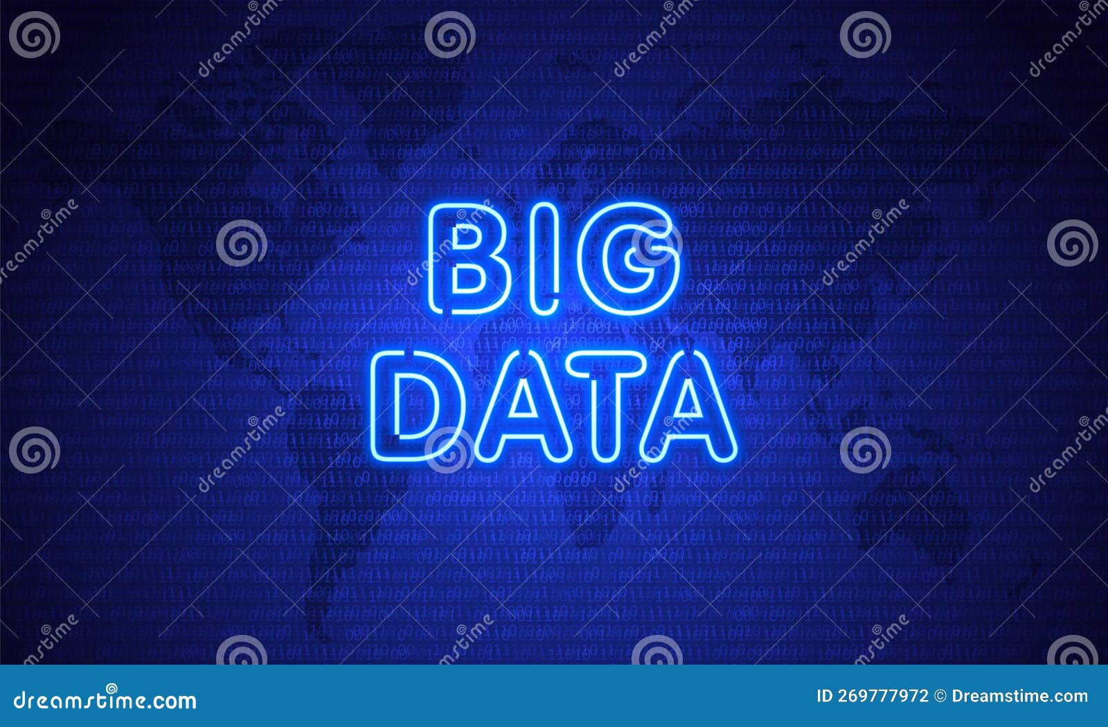 Big Data. Neon Symbol on Blue Map Background with Binary Code. Data ...
