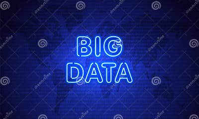 Big Data. Neon Symbol on Blue Map Background with Binary Code. Data ...