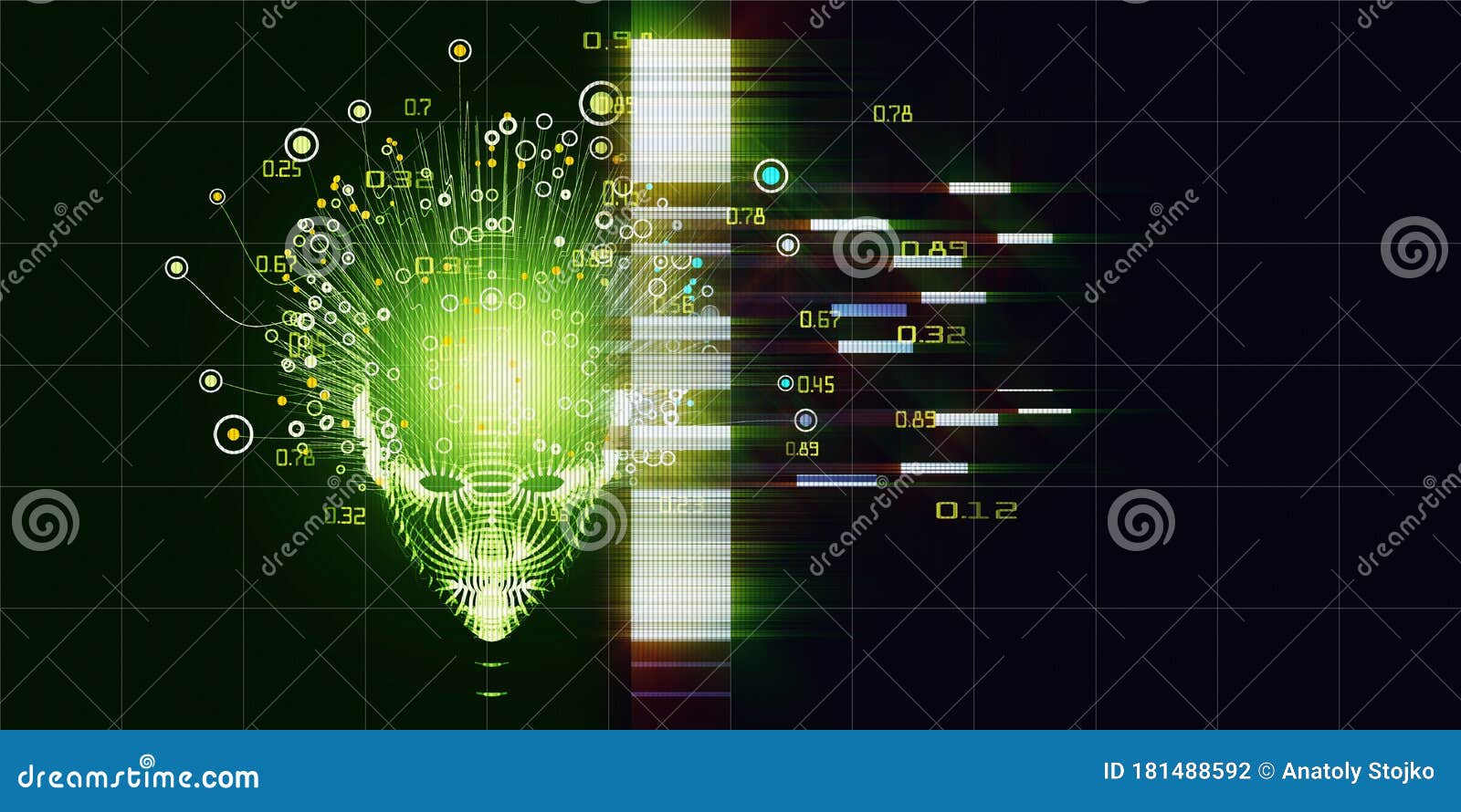 Big Data. Polygonal Head Front View and Data. Abstract Artificial ...