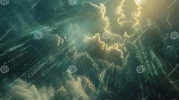Big Data Raining from Cloudy Sky at Sunset Stock Photo - Image of ...