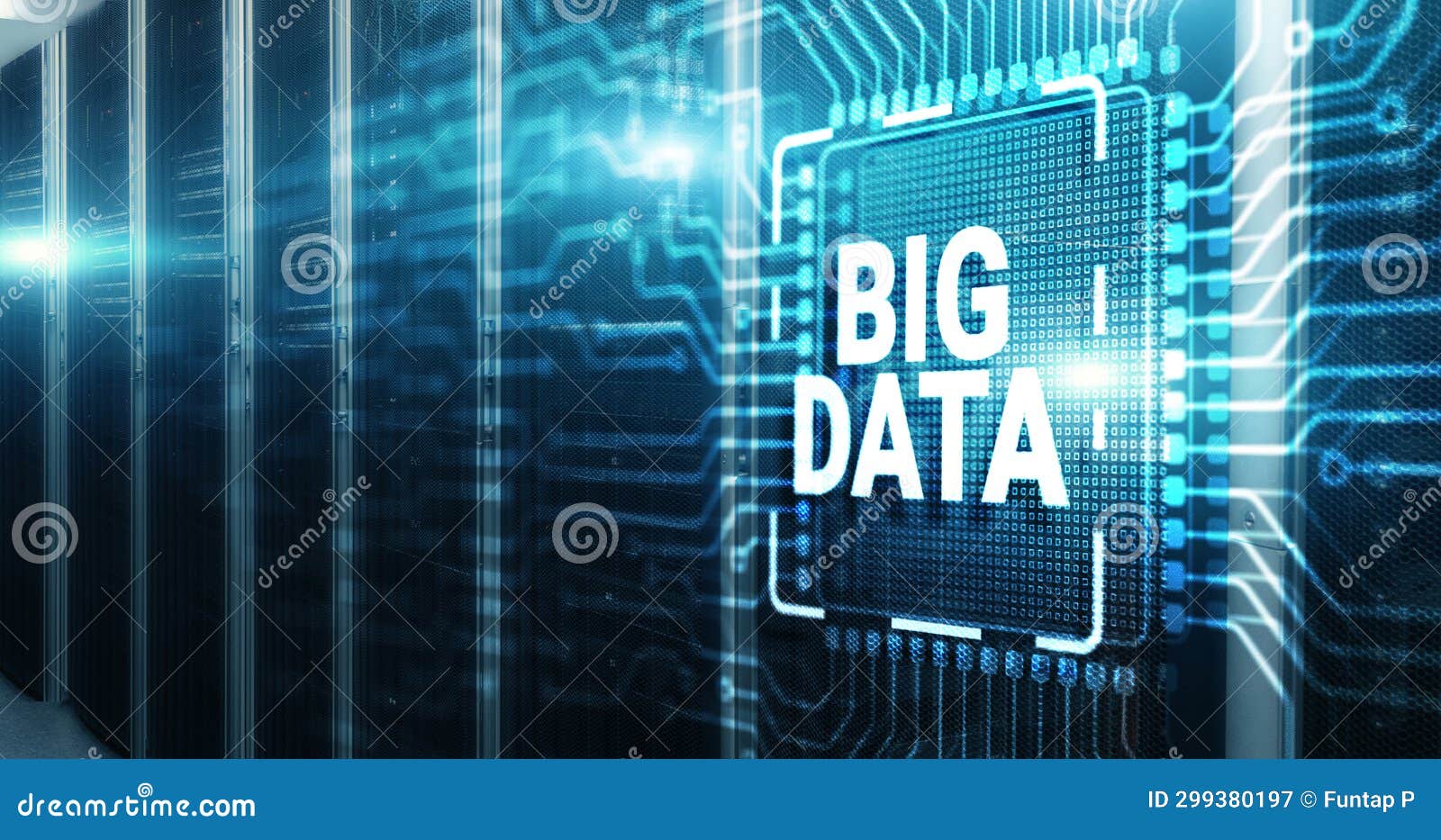 Big Data on Server Racks Background. 3d Electronic Circuit Board Chip ...