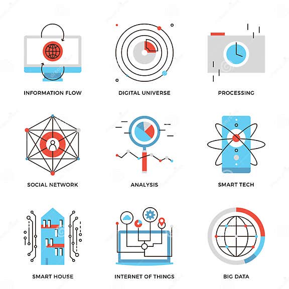 Big Data and Smart Technology Line Icons Set Stock Vector ...