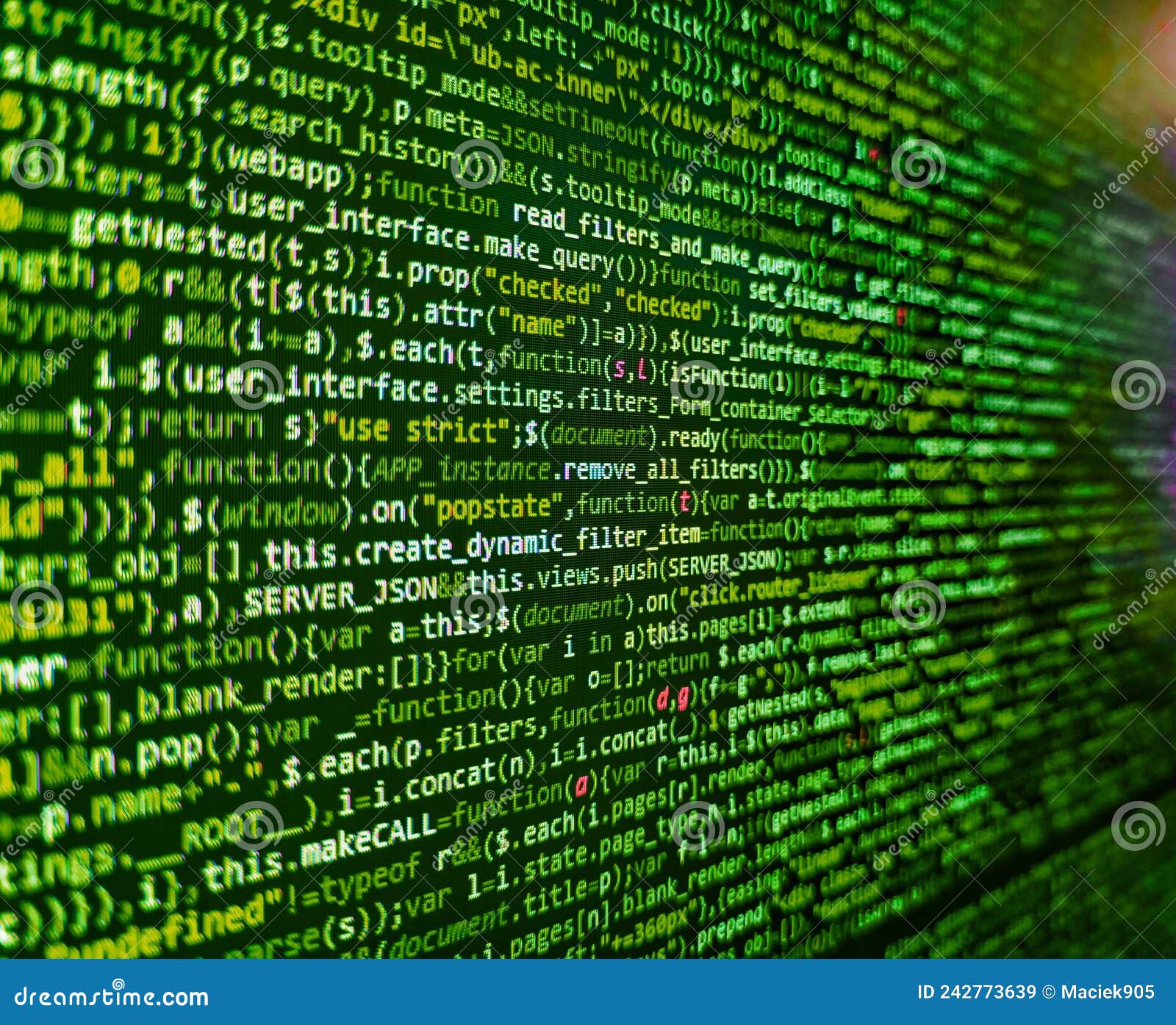 Big Data Storage and Cloud Computing Representation. Screen of Web Developing Code on Dark ...