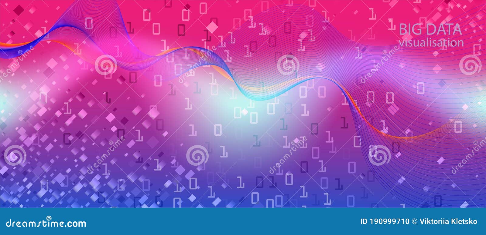 Big Data Stream Vector Presentation. Purple Pink Blue Background. Matrix Flying Binary Code ...