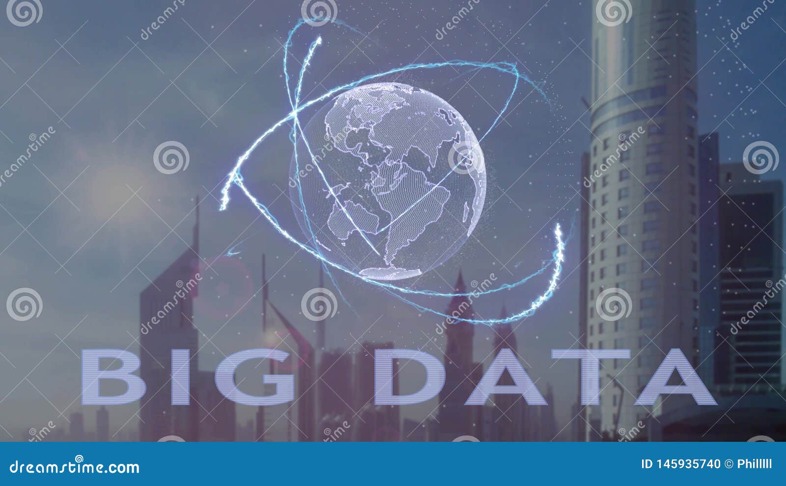 Big Data Text with 3d Hologram of the Planet Earth Against the Backdrop ...