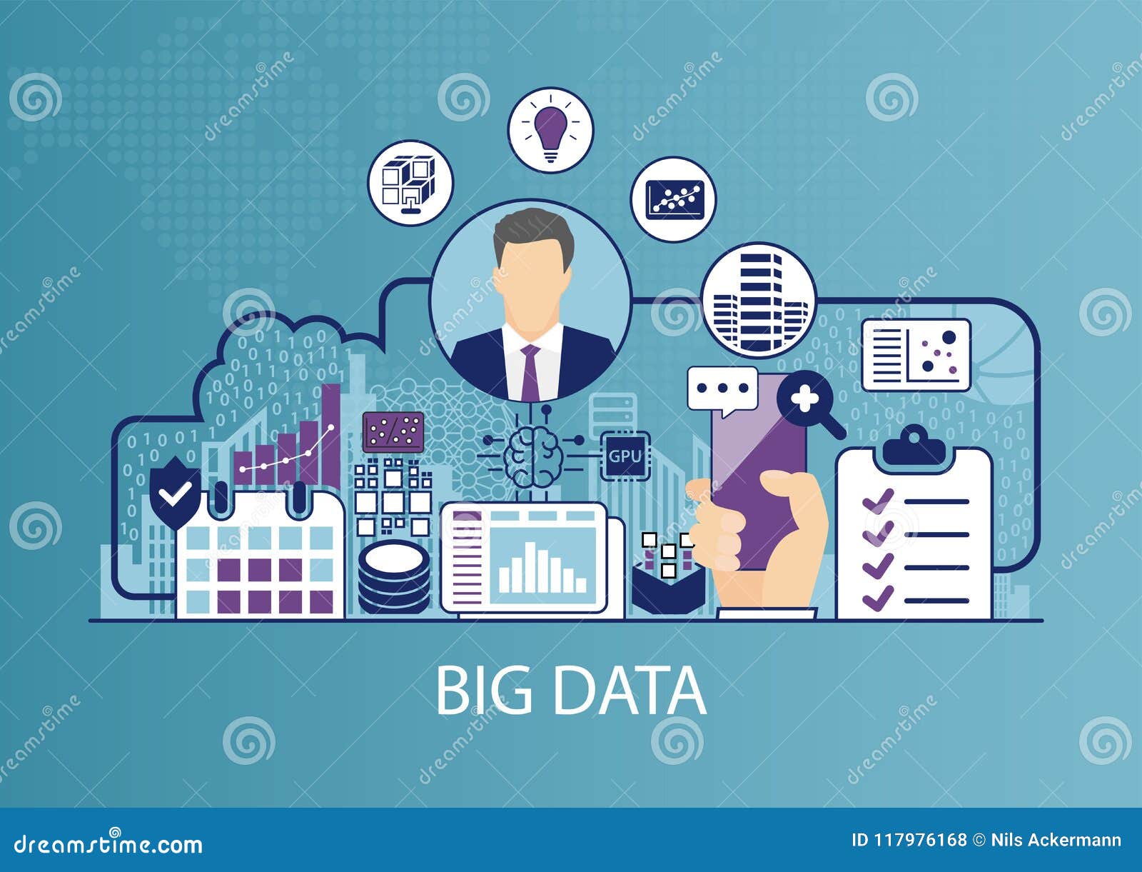 Big Data Vector Illustration with Business Man and Icons Stock Vector ...