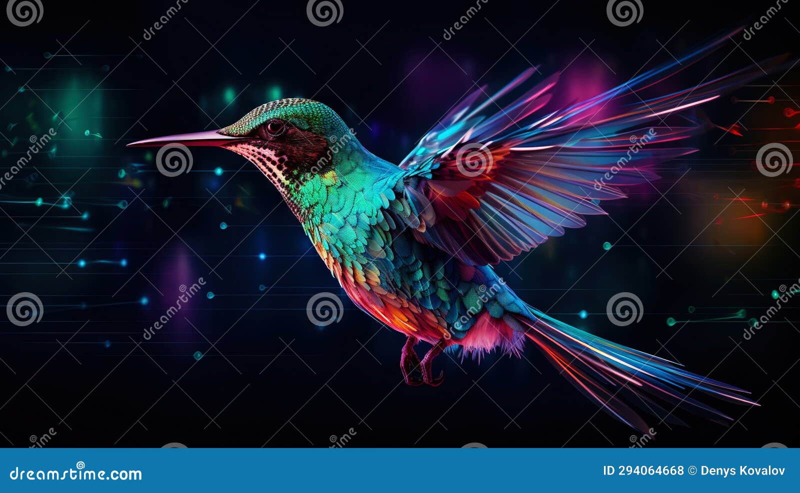 Big Data Visualization. Flight of a Digital Humming Bird in Neon Colors ...