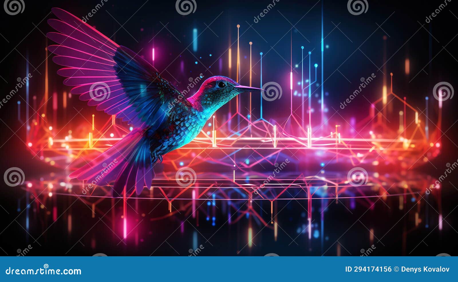 Big Data Visualization. Flight of a Digital Humming Bird in Neon Colors ...