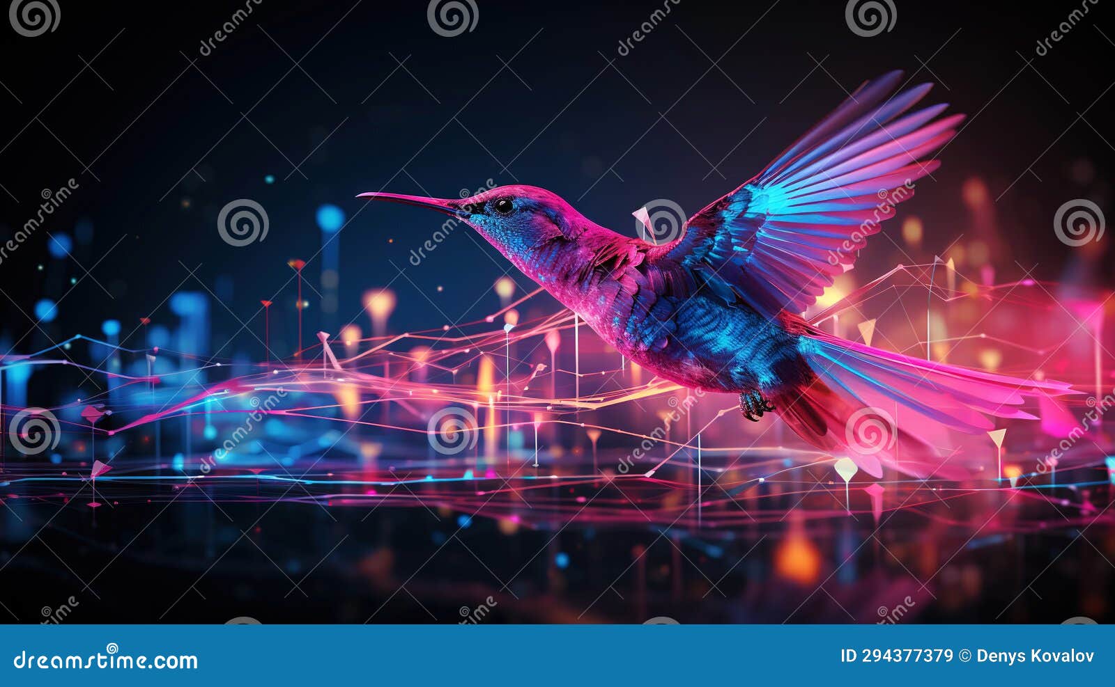 Big Data Visualization. Flight of a Digital Humming Bird in Neon Colors ...