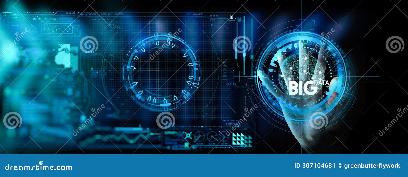 Big Data World and Globe Icon Ui with Hand Selecting and Pressing Big ...