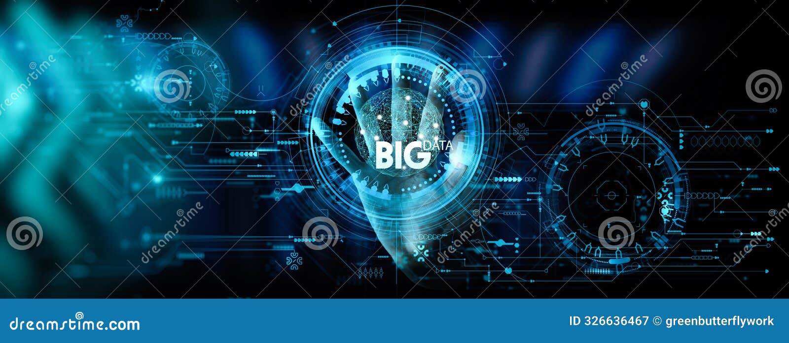 Big Data World and Globe Icon Ui with Hand Selecting and Pressing Big ...