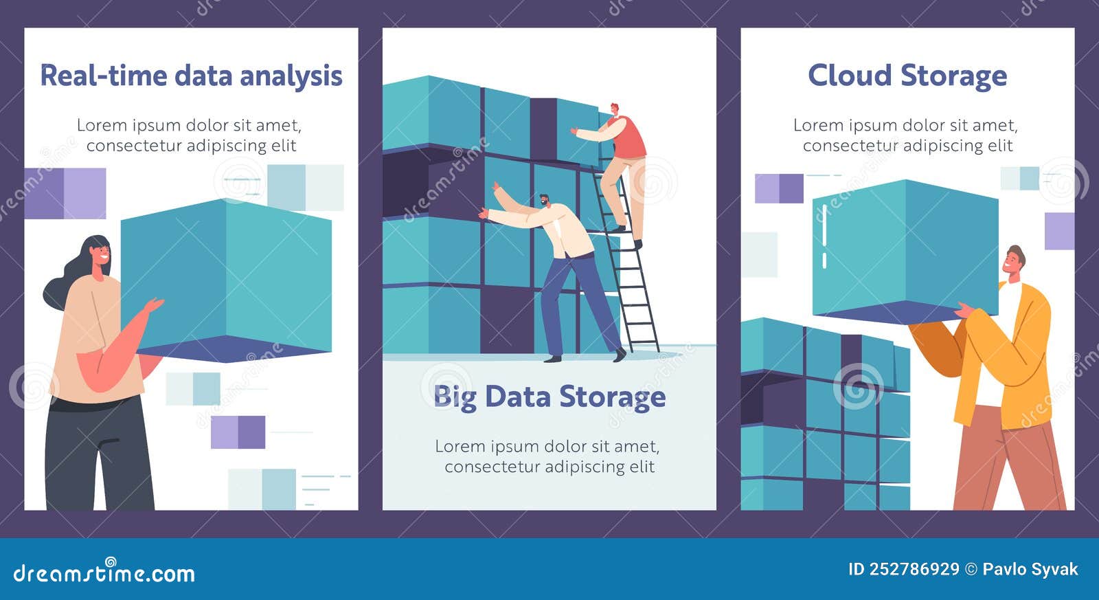 Big Database Or Cloud Storage, Real Time Analysis Cartoon Banners. Tiny ...