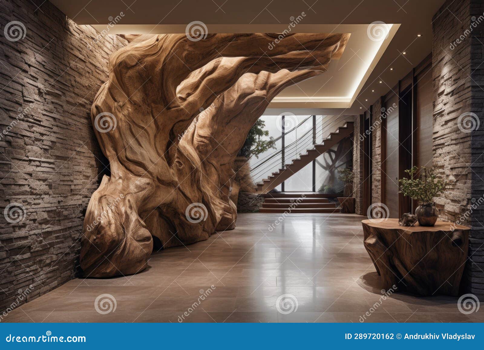 Big Decorative Stone and Wooden Tree Trunk Wall Decor in Luxury Hallway ...