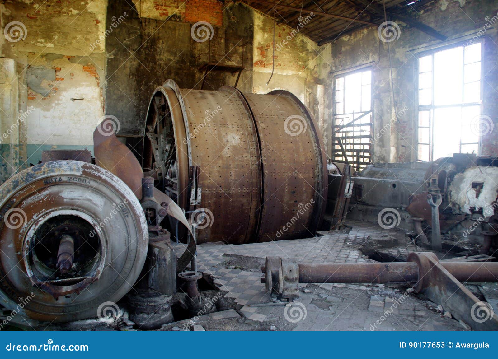 Big Destroyed Machine with Damaged Engine in Ruin of Factory Stock ...
