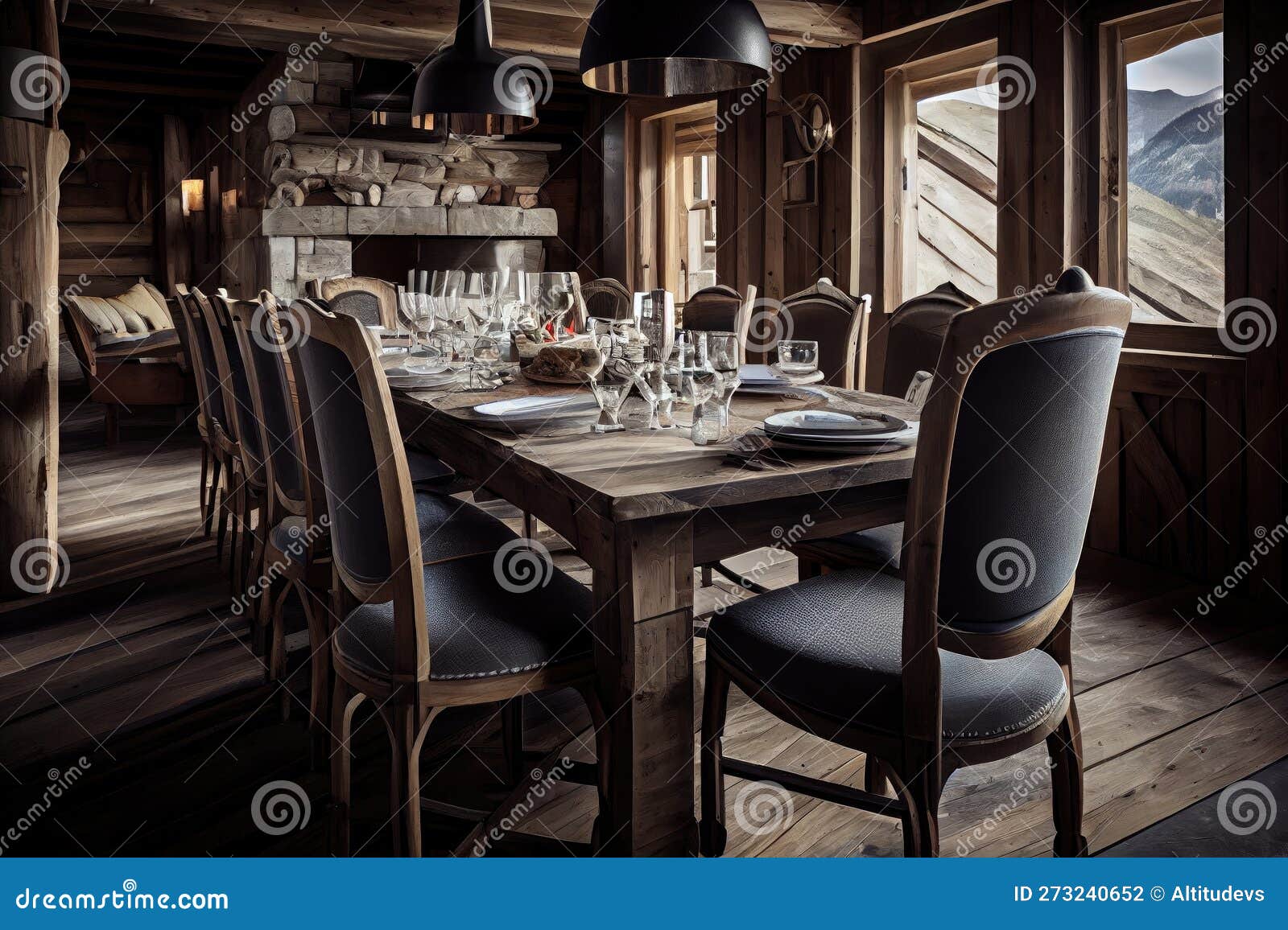 Big Dining Table with Chairs in Mountain Hut Chalet Stock Illustration ...