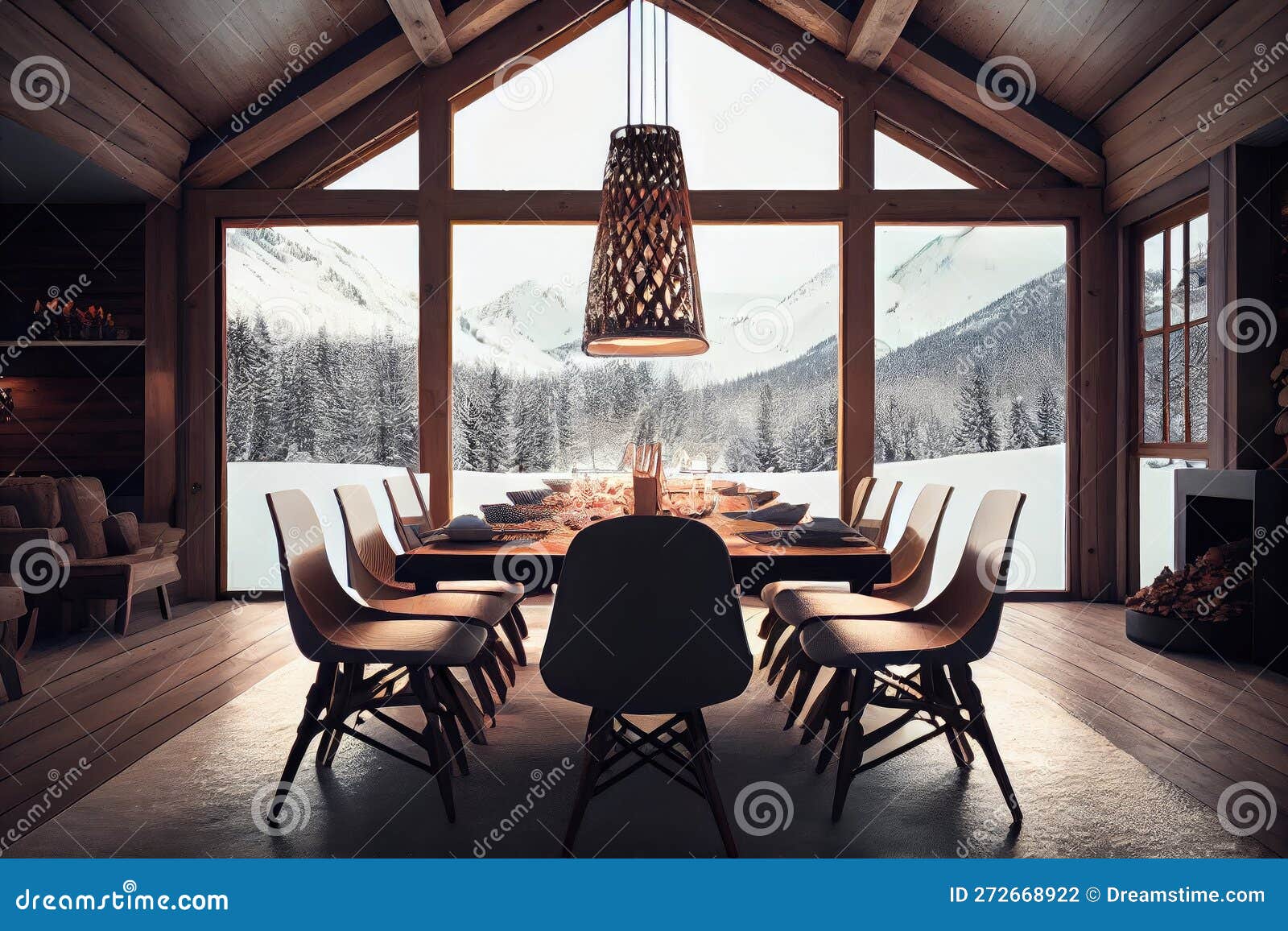 Big Dining Table on Chalet with Chairs in Room with Warm Interior and ...