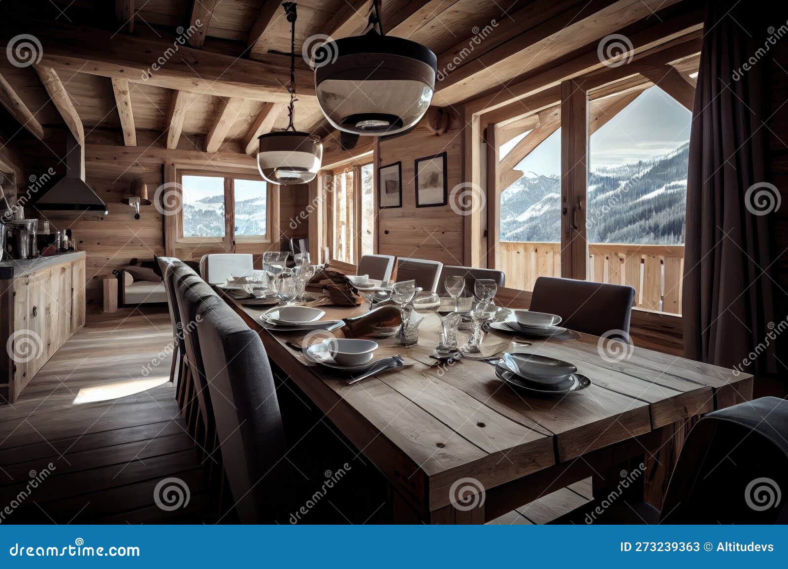 Big Dining Table for Family Breakfast in Mountains on Chalet Stock ...