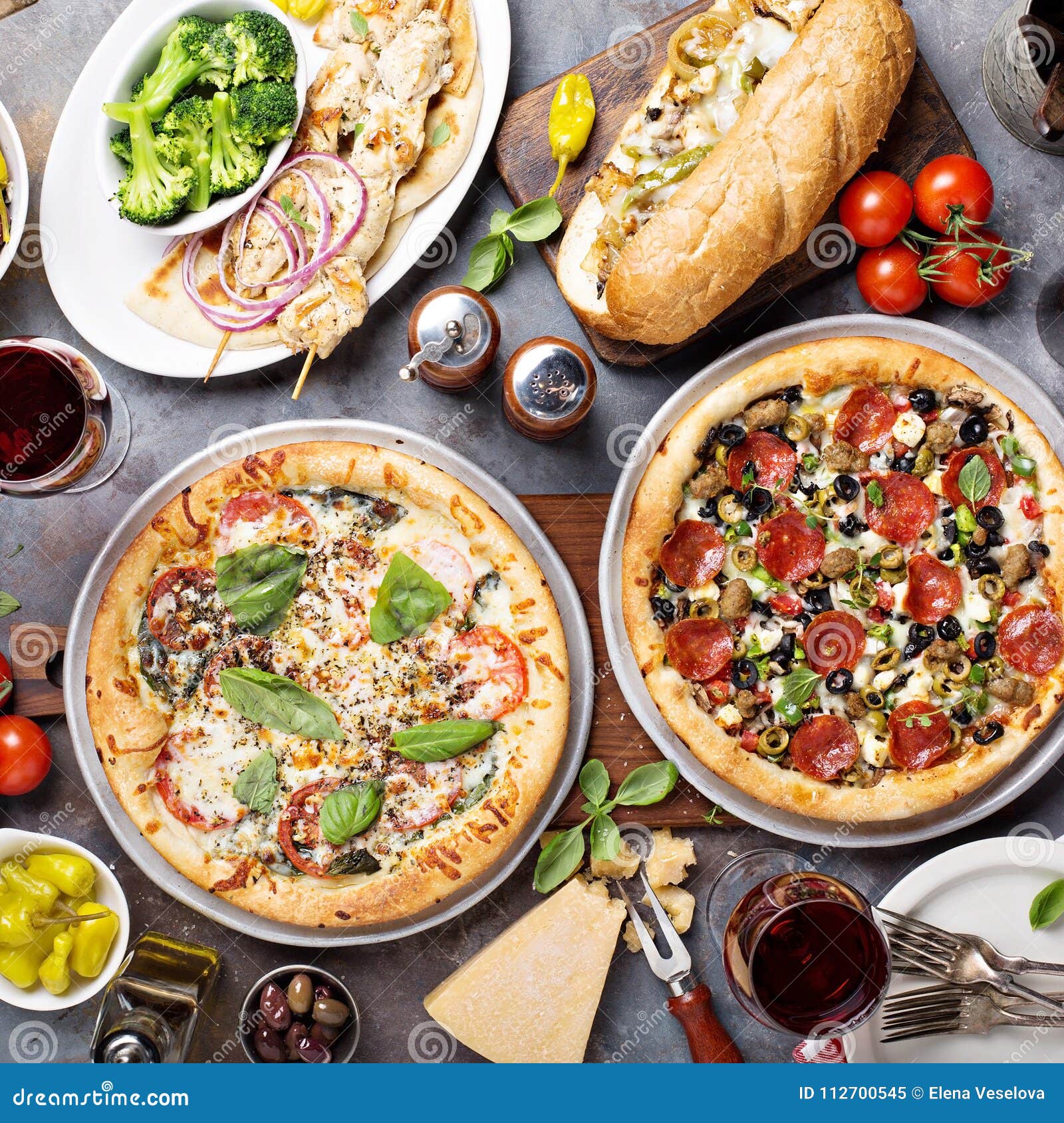 Big Dinner with Pizza and Sandwiches Stock Image - Image of background ...
