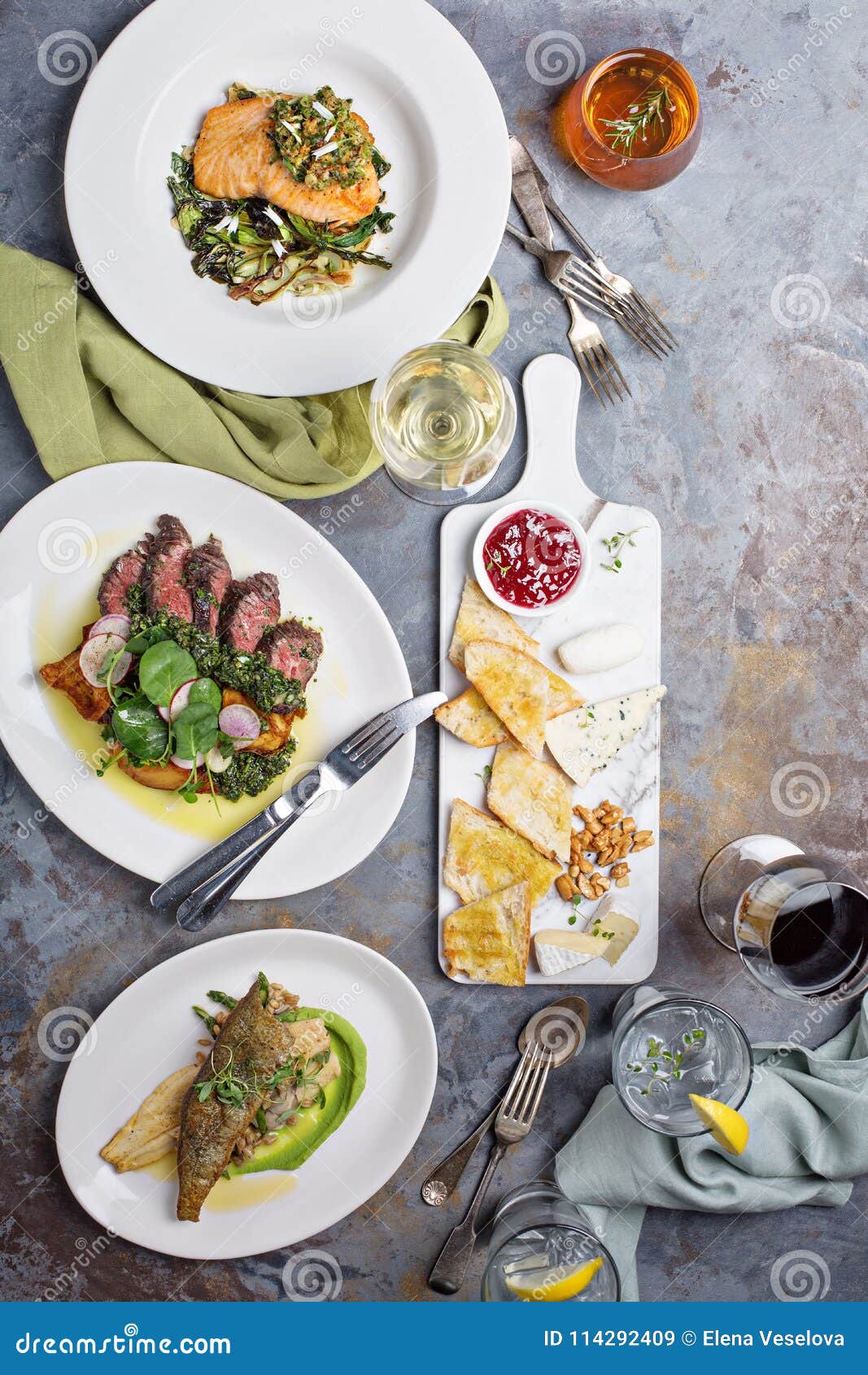 Big Dinner Table Overhead View with Steak and Fish Stock Image - Image ...