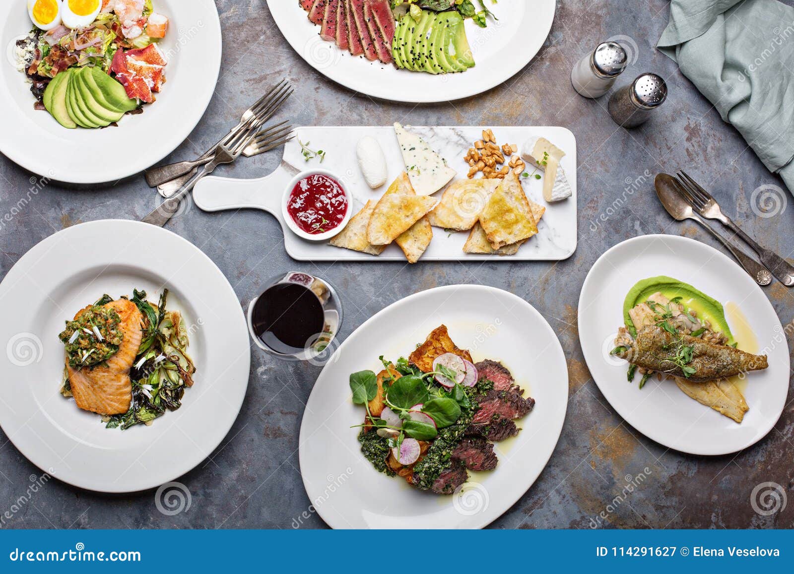 Big Dinner Table Overhead View with Steak and Fish Stock Image - Image ...