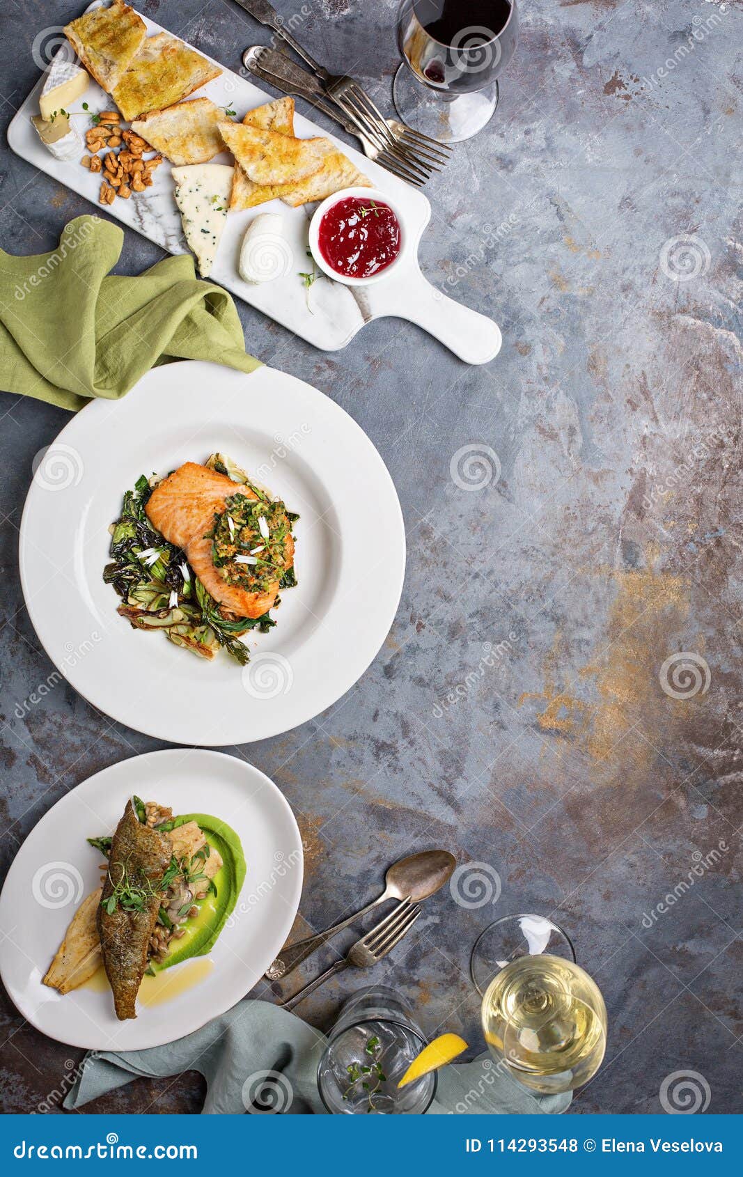 Big Dinner Table Overhead View with Steak and Fish Stock Photo - Image ...