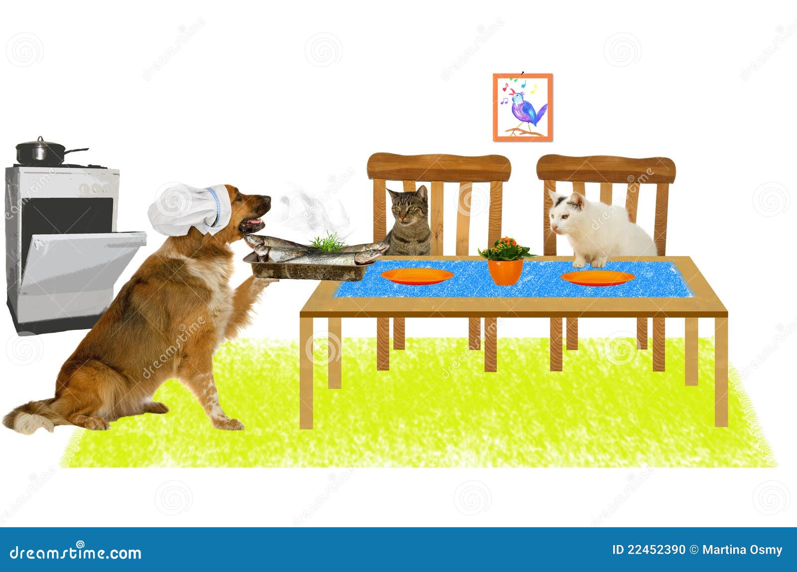 Big Dog is Serving Fish To Two Cats Stock Illustration - Illustration ...