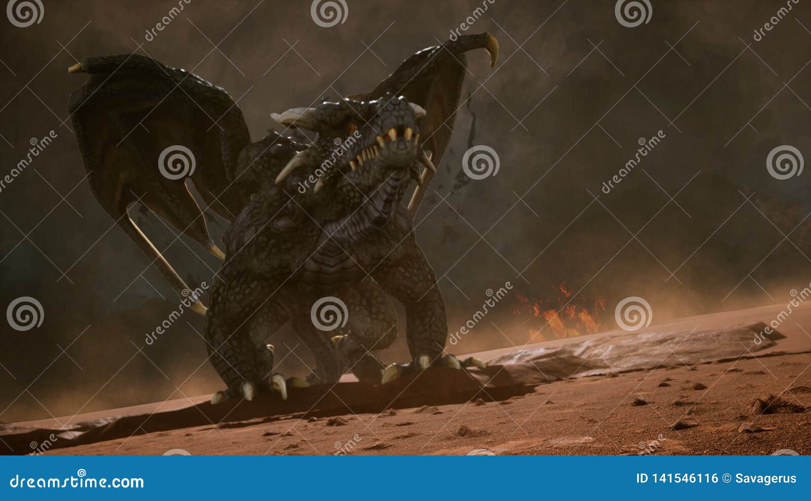Big Dragon in the Desert Looking for His Enemies. 3D Rendering Stock ...
