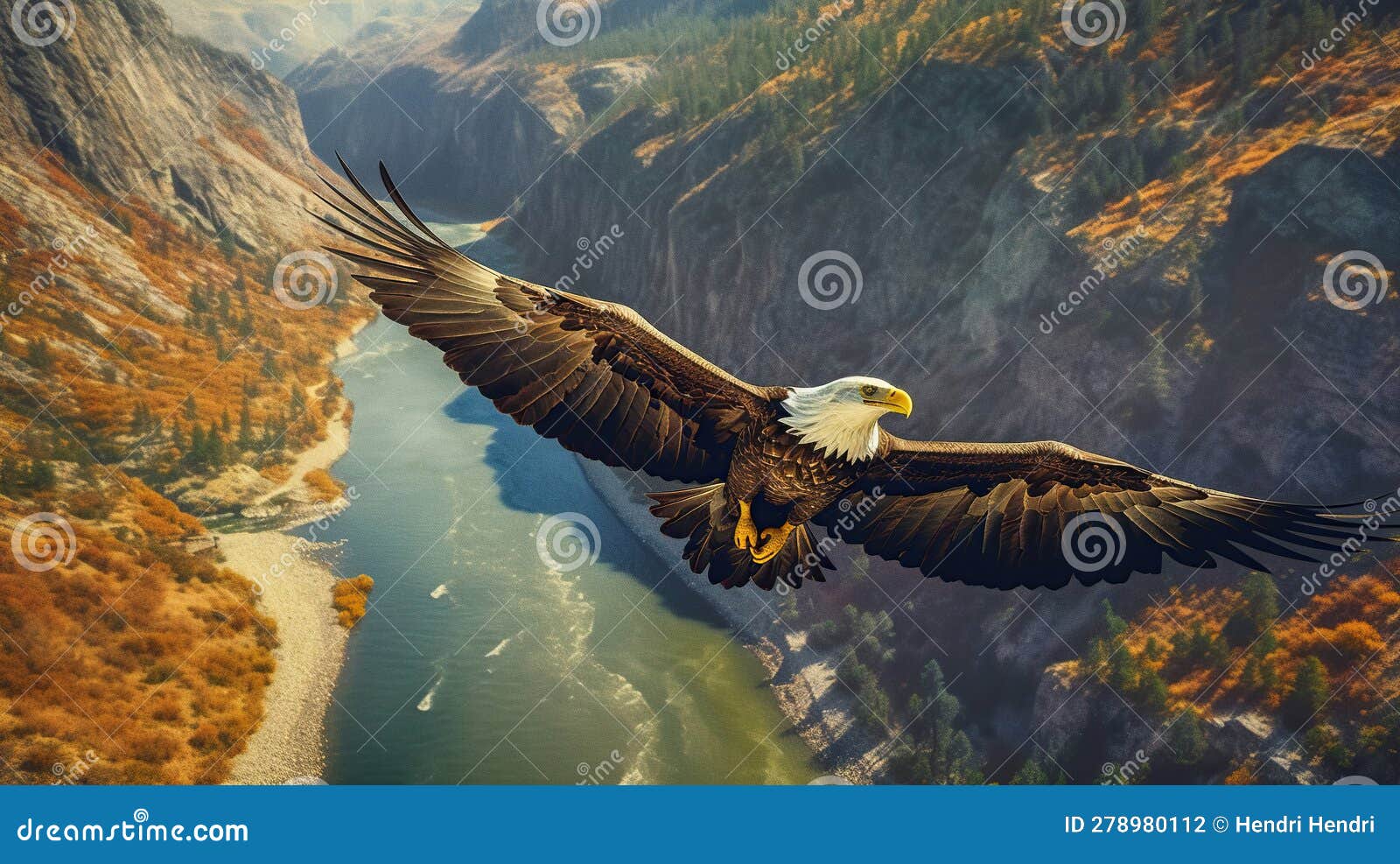 Big Eagle is Soaring Over Canyon and River, Generative Ai Stock Illustration - Illustration of ...