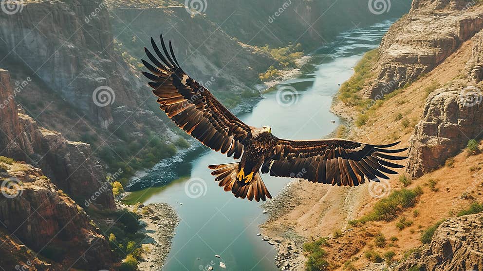 Big Eagle is Soaring Over Canyon and River, Generative Ai Stock ...