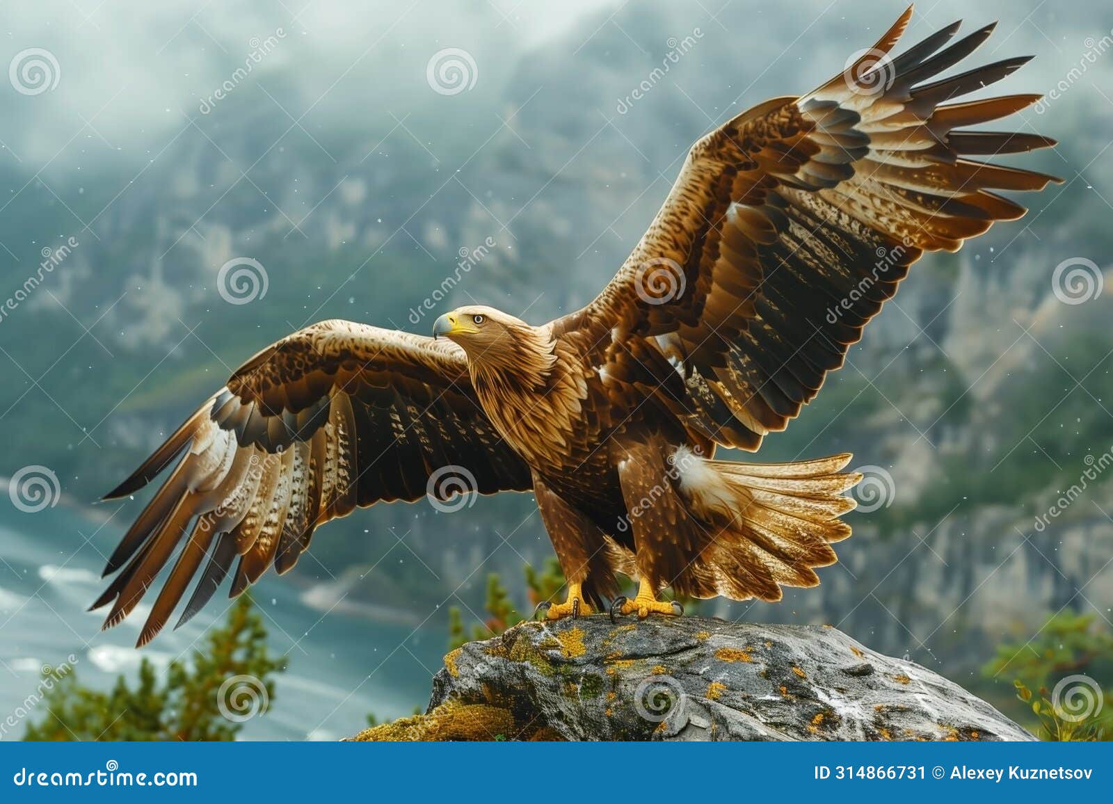 The Big Eagle at the Top of the Mountain Spread Its Huge Wings Stock ...