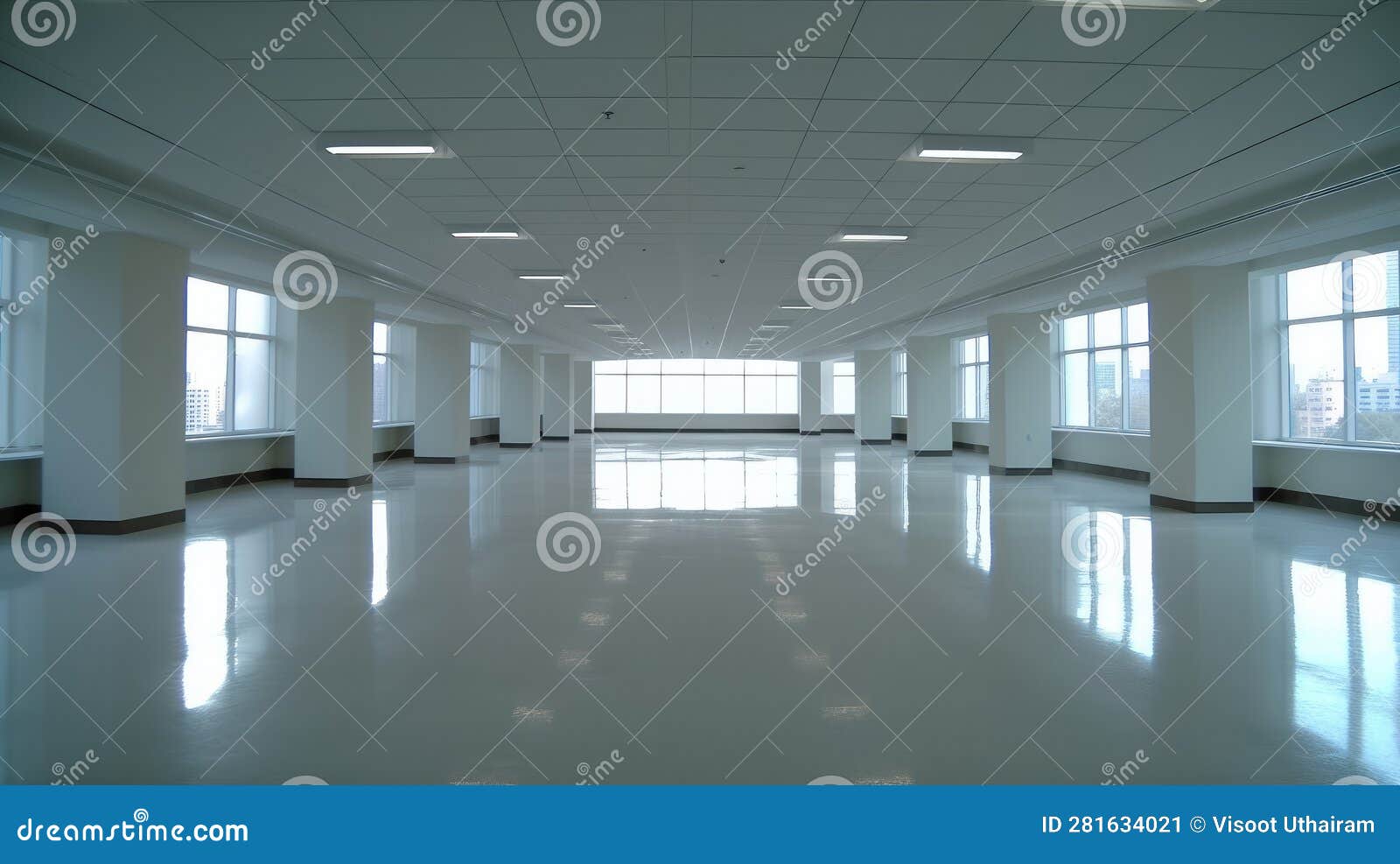 Empty Hall Room with Minimalistic Light Grey Interior, Big Windows and ...