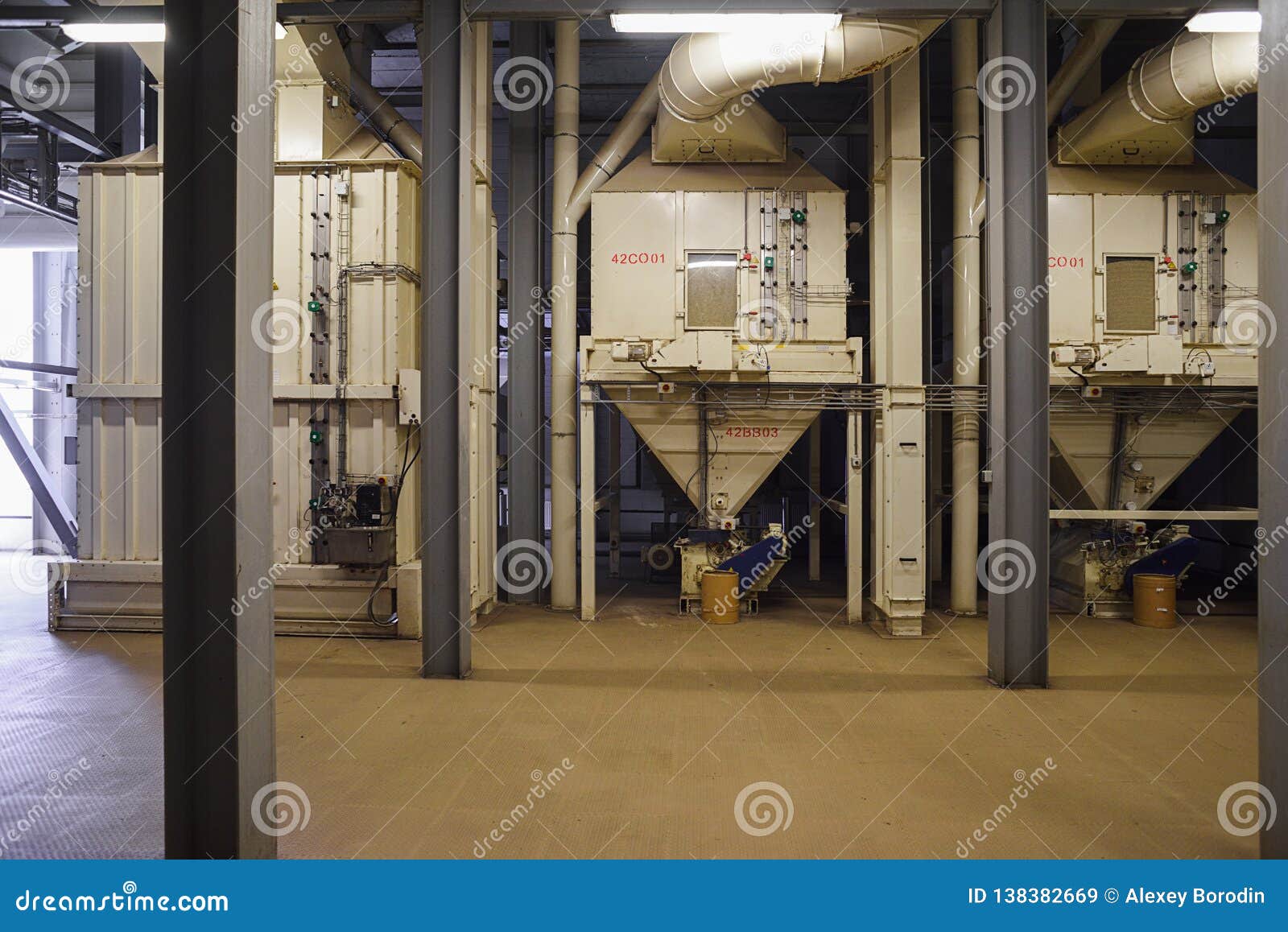 Big Empty Workshop for Processing Wheat in Modern Factory. Industrial ...
