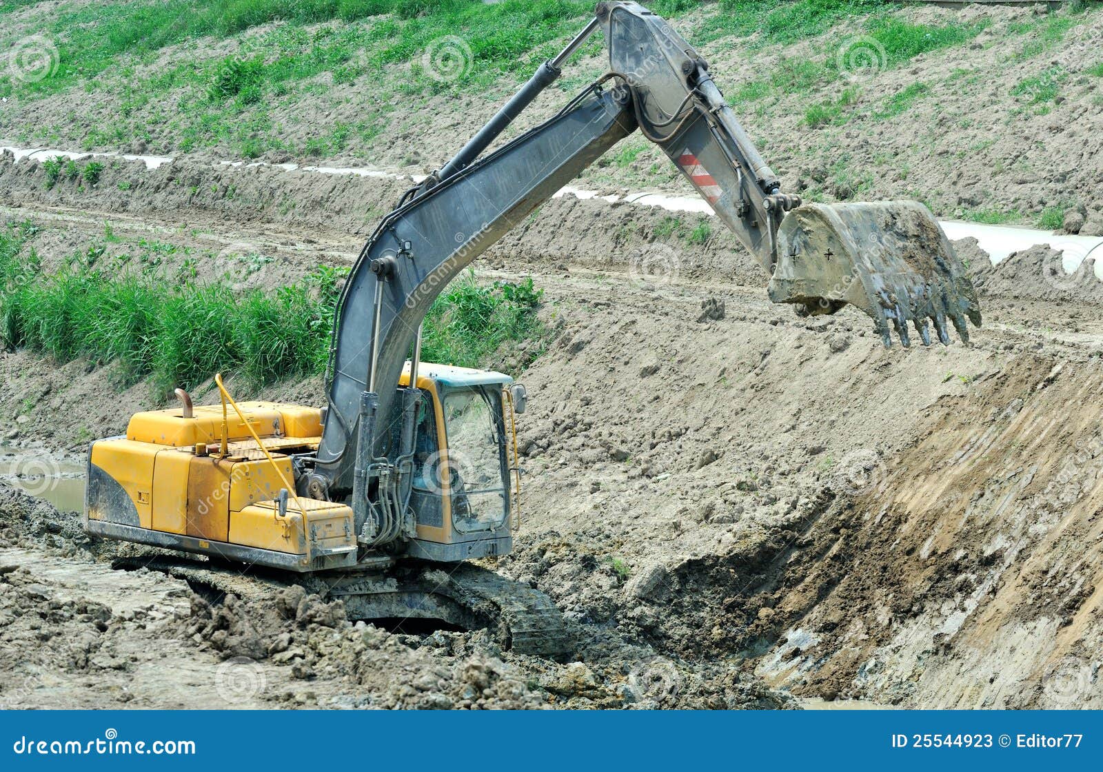 Big Excavator Working on the River Bed Stock Image - Image of danger ...