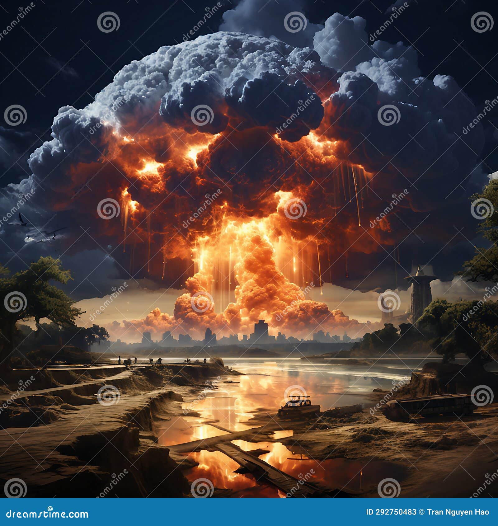 Big Explosion in the Desert. Collage. 3D Rendering. Stock Illustration ...