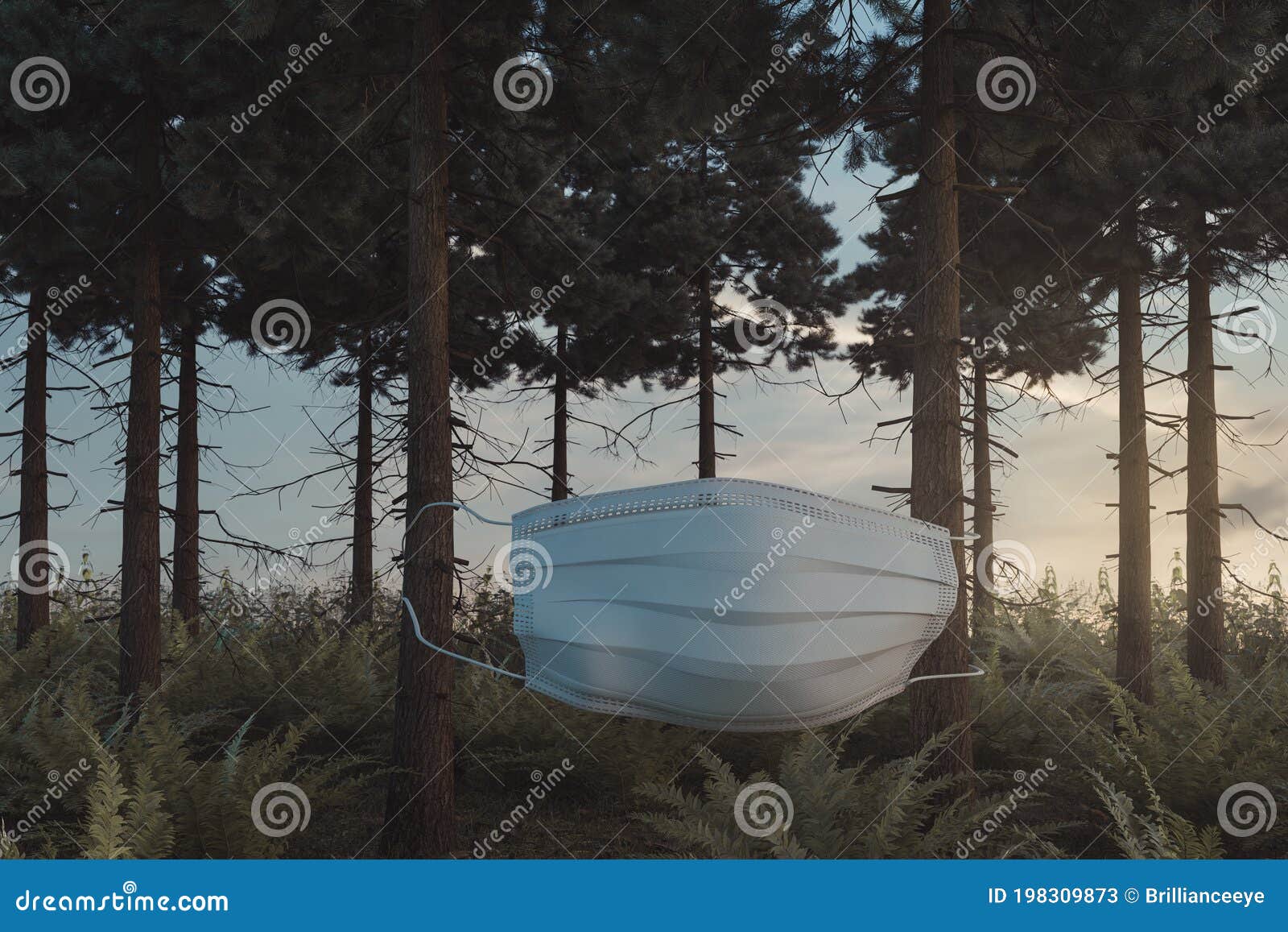Big Face Mask Hanging on Pine Trees. 3D Rendering Stock Illustration ...