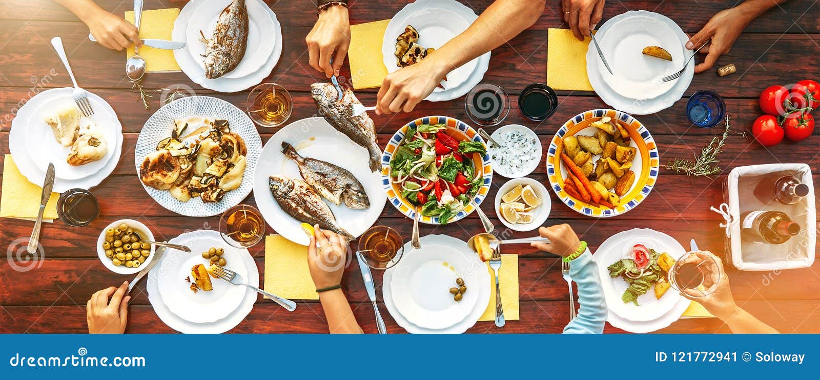 Big Family Dinner in Process. Top View Vertical Image on Table W Stock ... Big Family Dinner in Process. Top View Vertical Image on Table W Stock ...