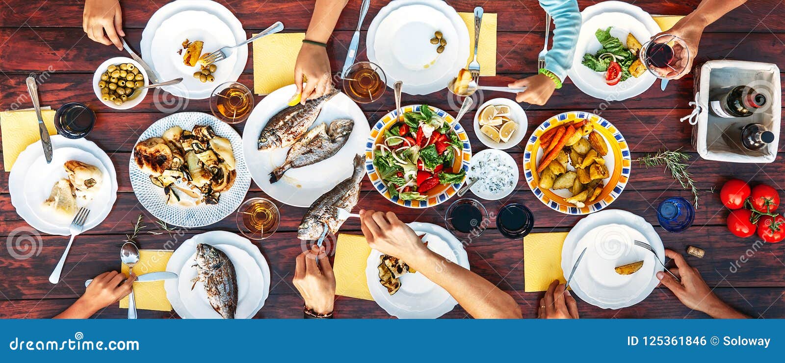 Big Family Dinner in Process. Top View Vertical Image on Table W Stock ...