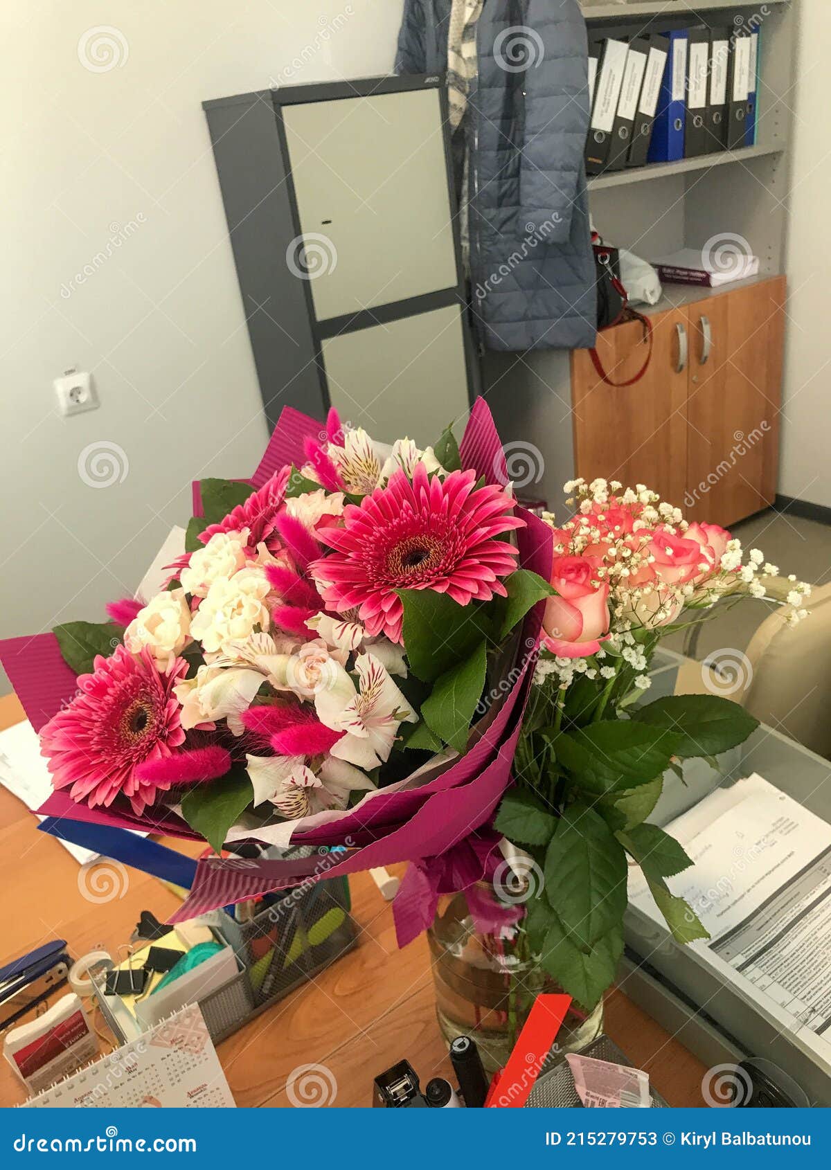 Big Festive Beautiful Bouquet of Spring Flowers on a Working Office ...
