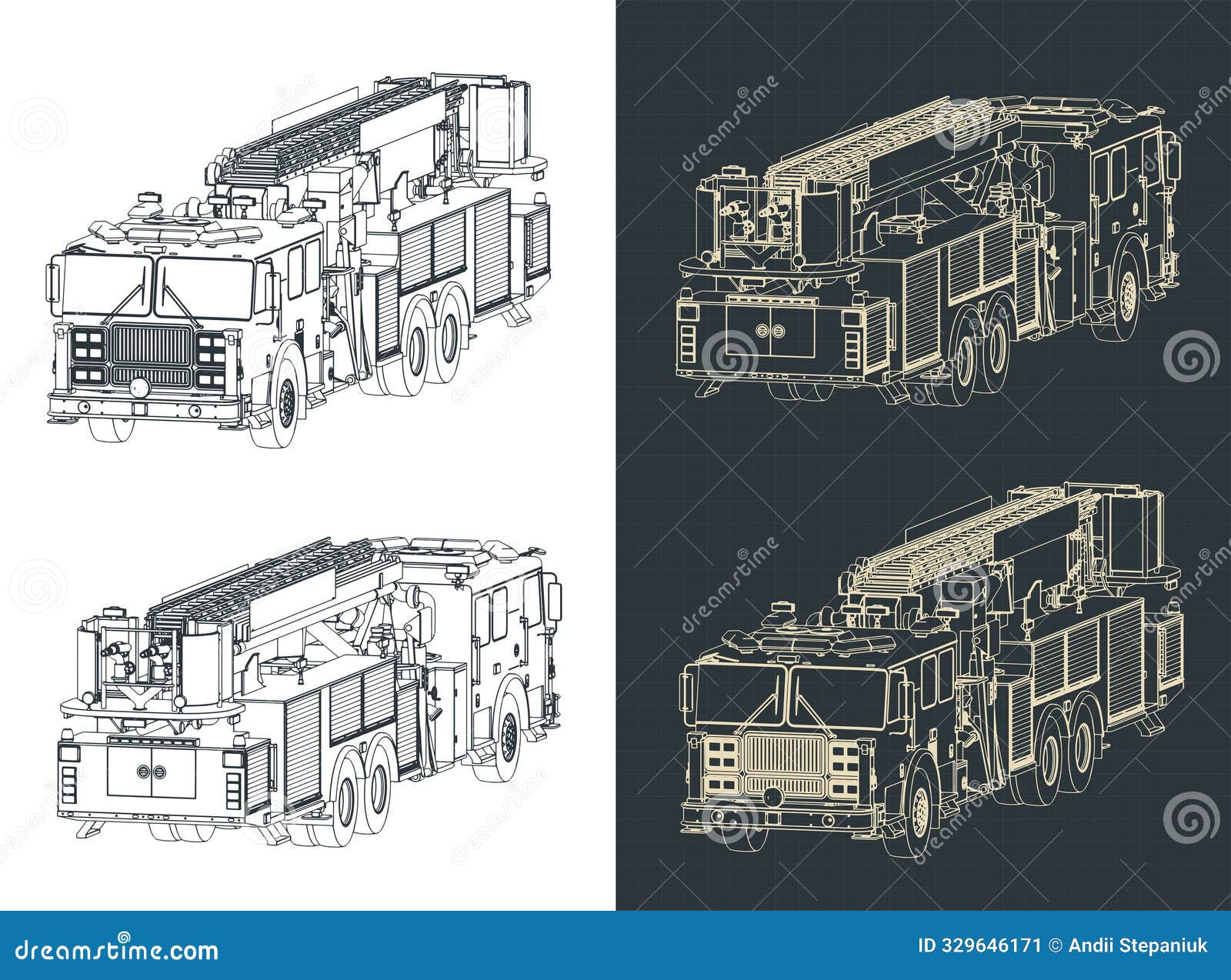 Big Fire Truck Isometric Technical Drawings Cartoon Vector ...