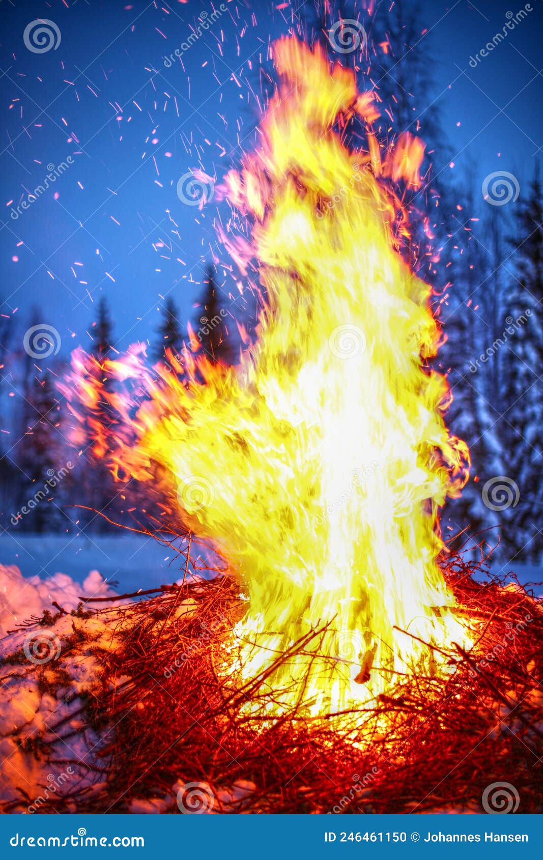 Big Fire in Winter Landscape with Flying Sparks Stock Photo - Image of ...