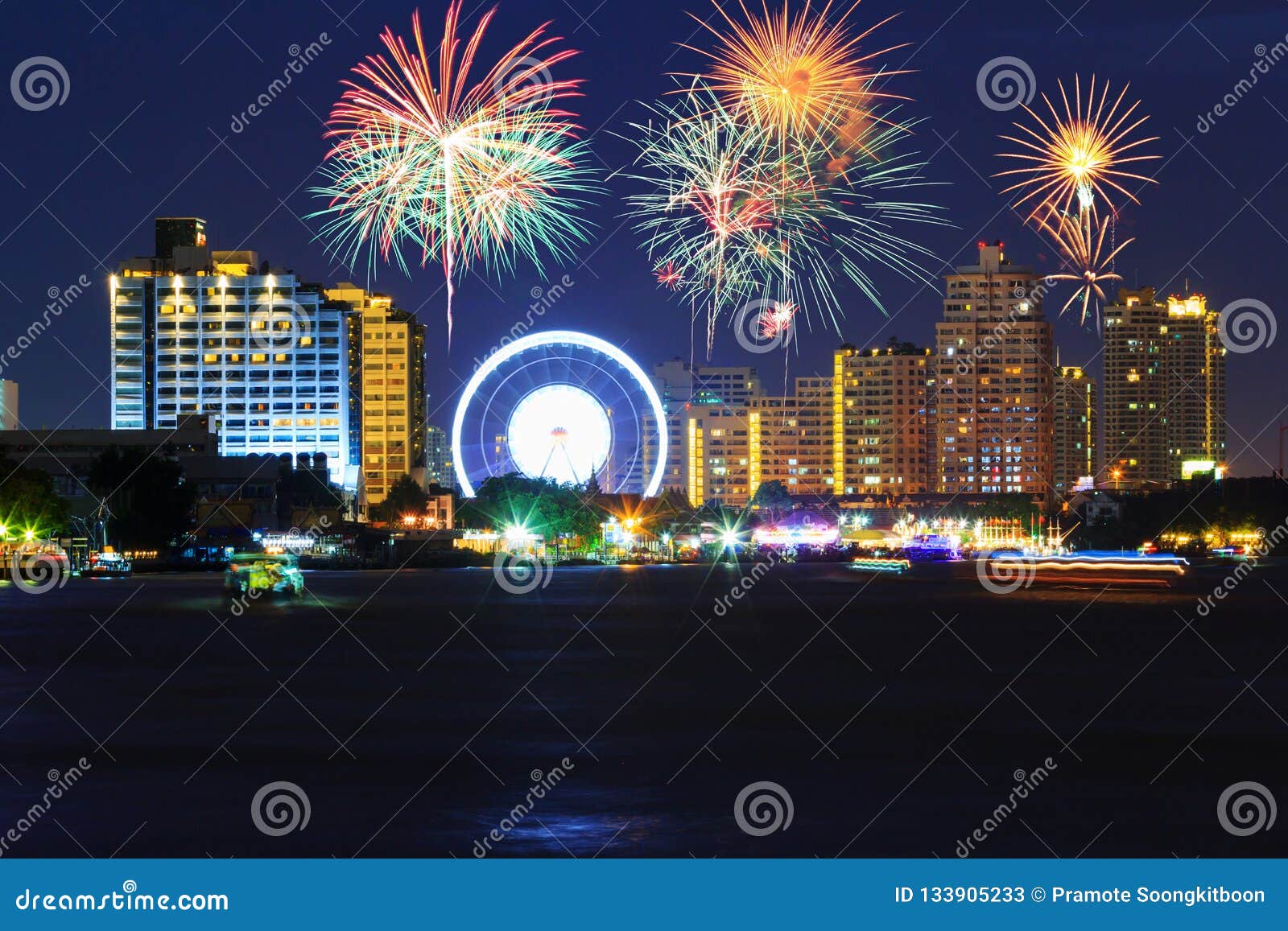 Big Fireworks at Ferris Wheel at Amusement Park Stock Image - Image of ...