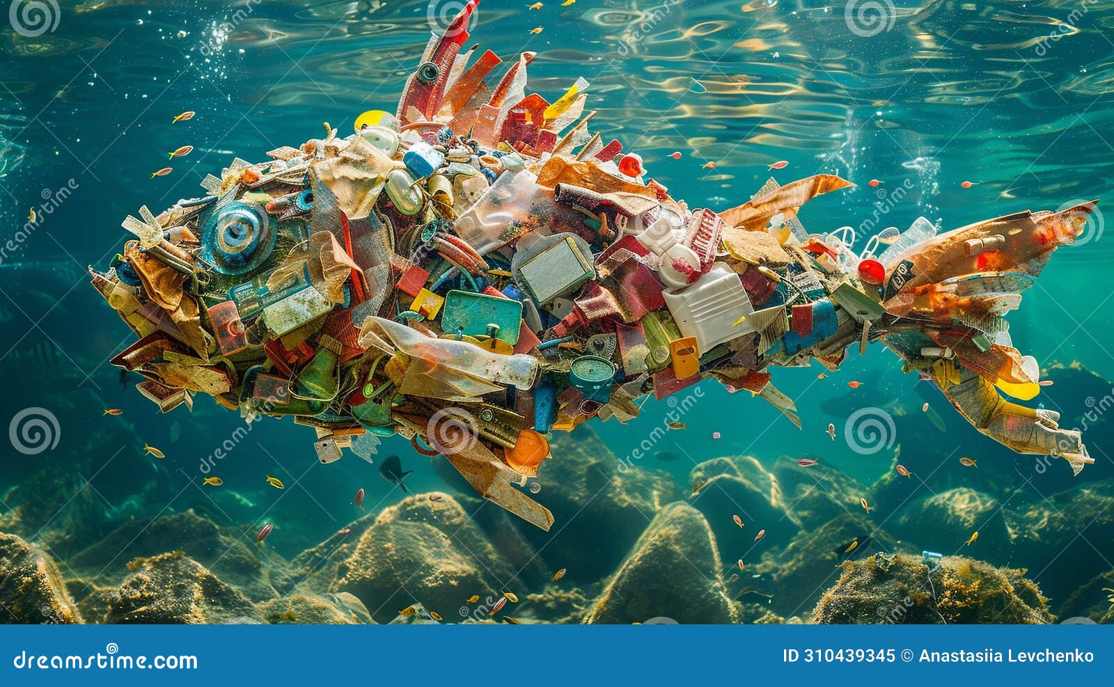 Big Fish Made of Garbage and Plastic Underwater Stock Illustration ...