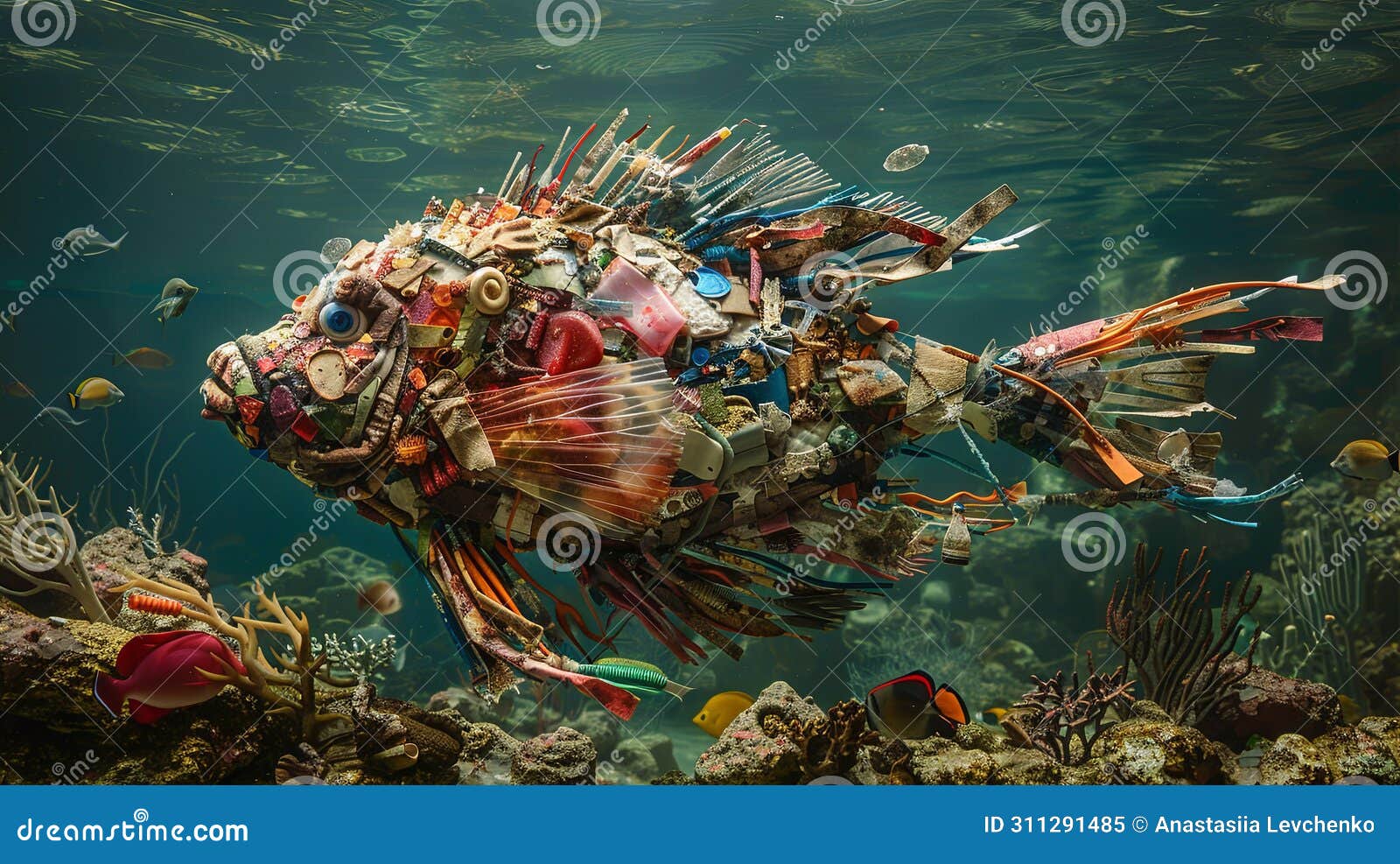 Big Fish Made of Garbage and Plastic Underwater Stock Illustration ...