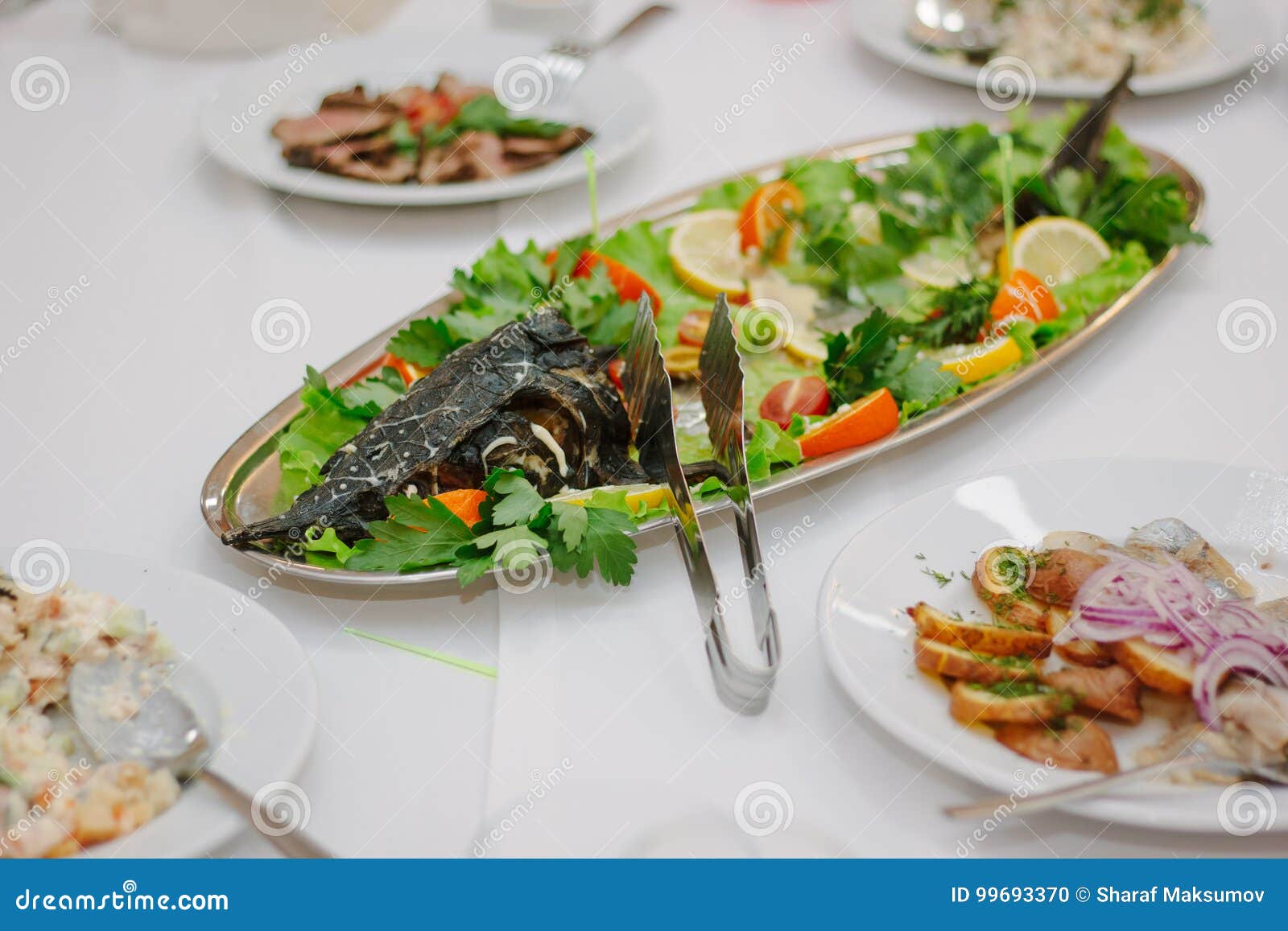 Big Fish on Table during Catering Event. Catering Buffet. Stock Photo ...