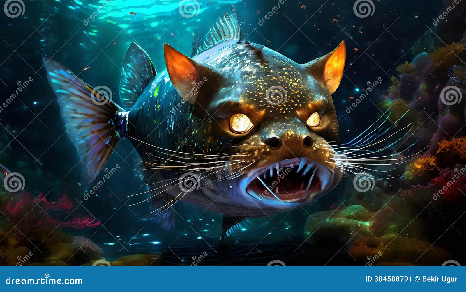 Big Fish with Whiskered Cat Face Stock Illustration - Illustration of ...
