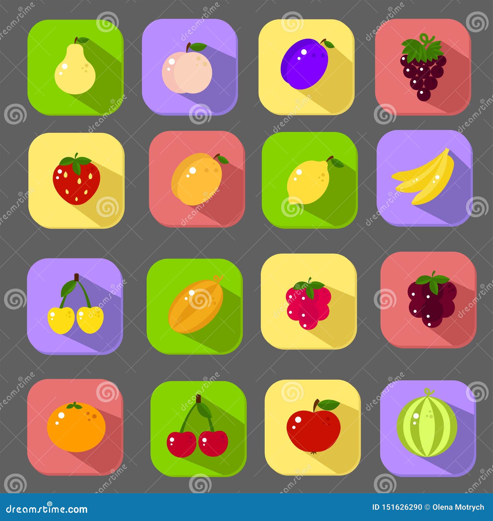 Big Flat Icons Set with Differents Fruits. Stock Vector - Illustration ...