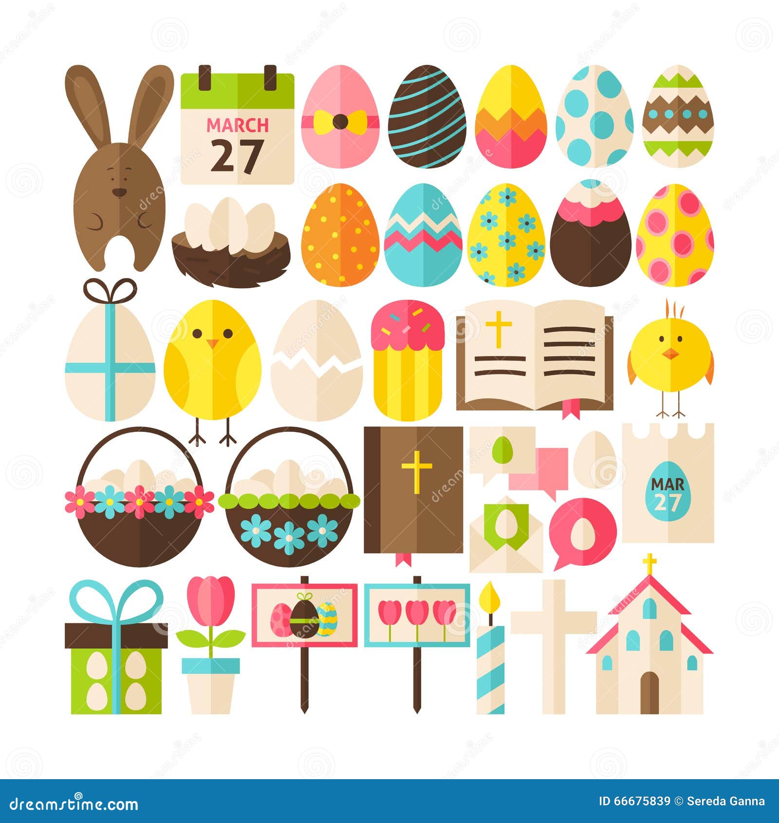 Big Flat Style Vector Collection of Happy Easter Objects Stock Vector ...
