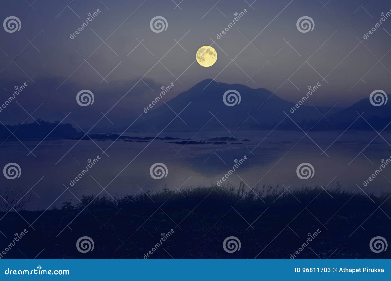 Big Full Moon Over the River Scene Stock Image - Image of reflection ...